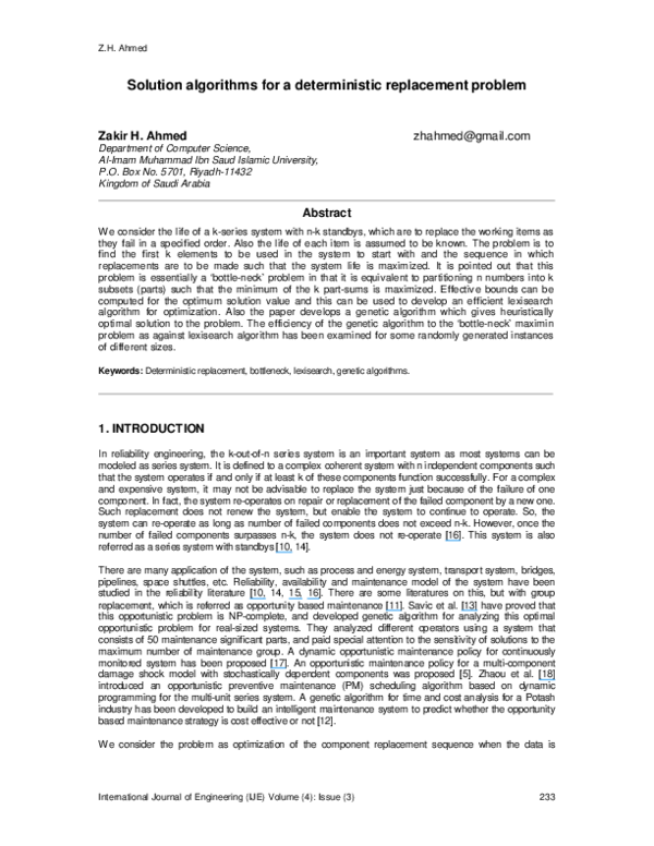 (PDF) Solution algorithms for a deterministic replacement problem