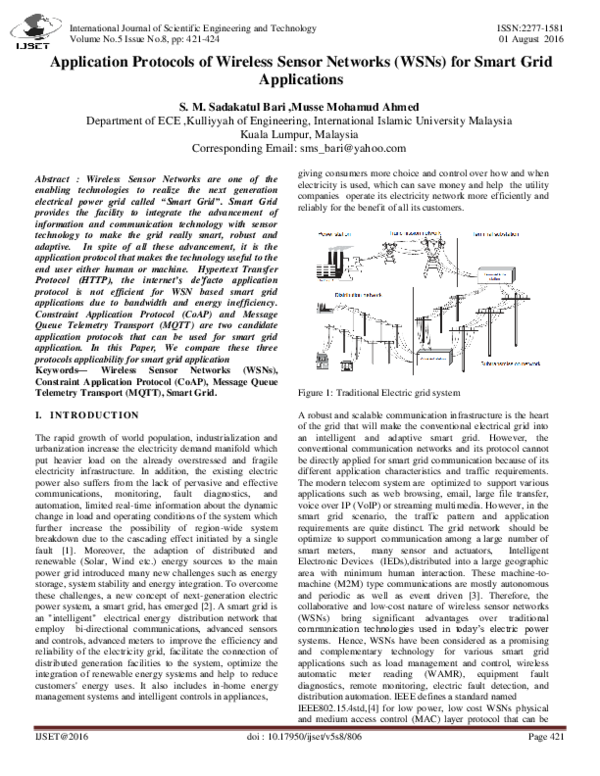 Pdf Application Protocols Of Wireless Sensor Networks Wsns For Smart Grid Applications