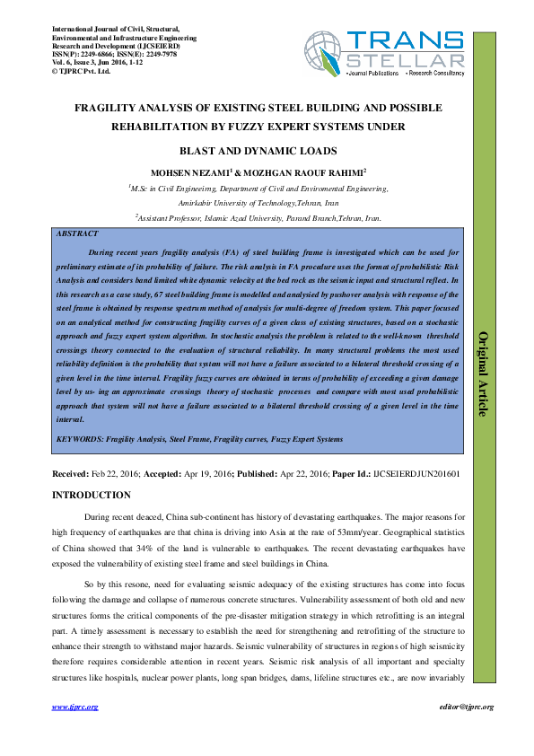 FRAGILITY ANALYSIS OF EXISTING STEEL BUILDING AND POSSIBLE ...