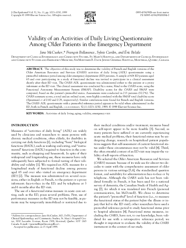(PDF) Validity of an Activities of Daily Living Questionnaire Among ...