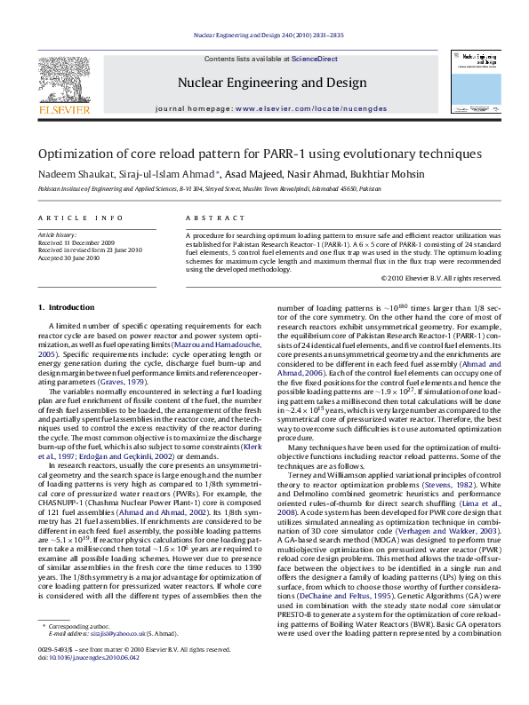 (PDF) Optimization of core reload pattern for PARR1 using evolutionary techniques
