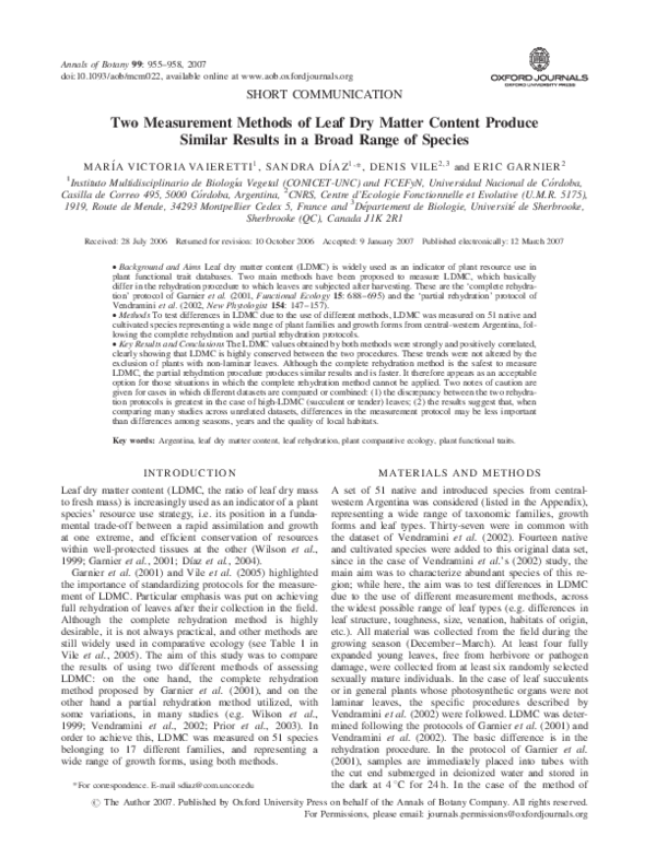 (PDF) Two Measurement Methods of Leaf Dry Matter Content Produce ...