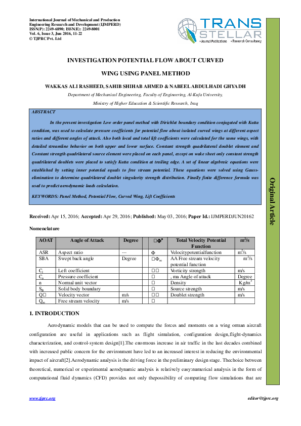 INVESTIGATION POTENTIAL FLOW ABOUT CURVED WING USING PANEL METHOD