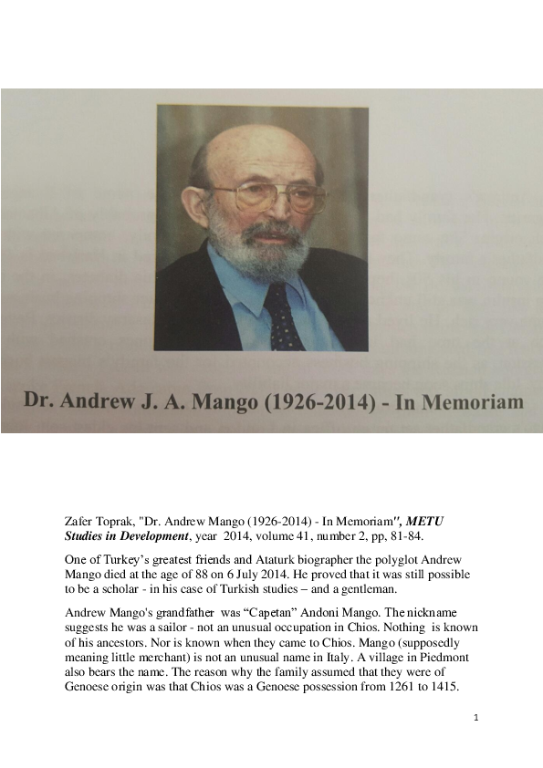 (PDF) Dr. Andrew Mango (1926-2014) - In Memoriam, METU Studies in ...