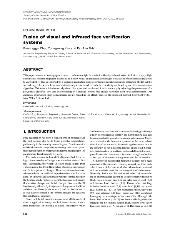 (PDF) Fusion of visual and infrared face verification systems
