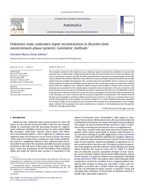 (PDF) Unknown-state, unknown-input reconstruction in discrete-time nonminimum-phase systems ...