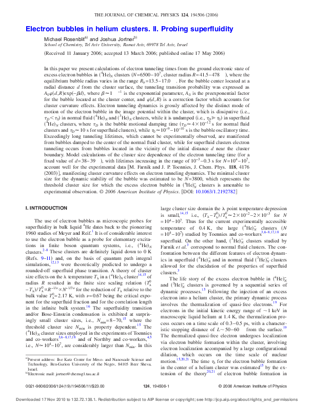 (PDF) Electron bubbles in helium clusters. II. Probing superfluidity