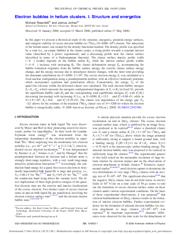 (PDF) Electron bubbles in helium clusters. I. Structure and energetics