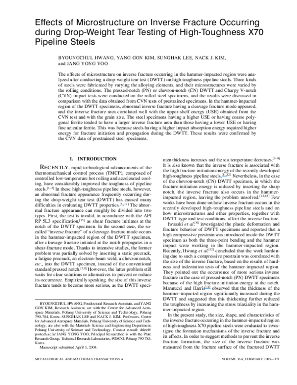 Pdf Effects Of Microstructure On Inverse Fracture Occurring During Drop Weight Tear Testing Of