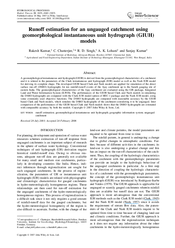 (PDF) Runoff estimation for an ungauged catchment using geomorphological instantaneous unit ...