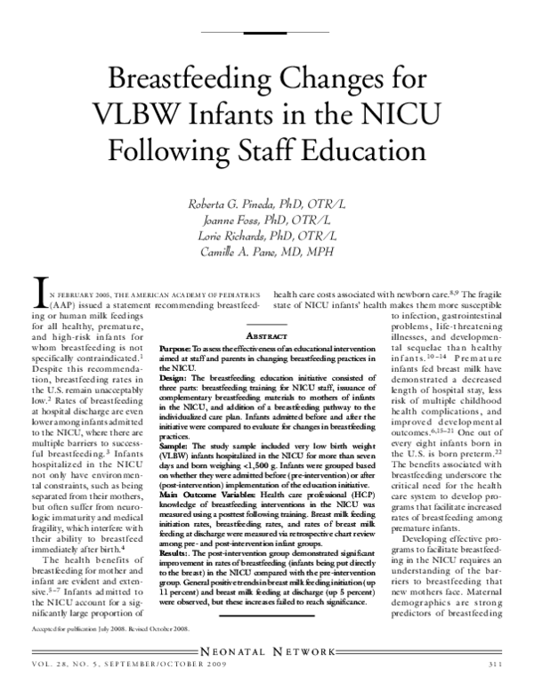 (PDF) Breastfeeding Changes for VLBW Infants in the NICU Following ...