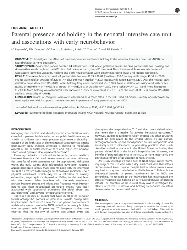(PDF) Parental presence and holding in the neonatal intensive care unit ...