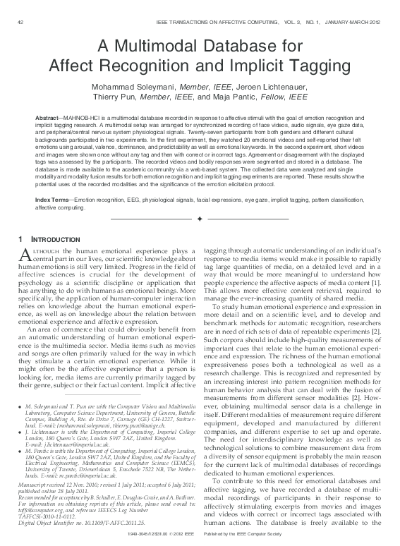 (PDF) A Multimodal Database for Affect Recognition and Implicit Tagging