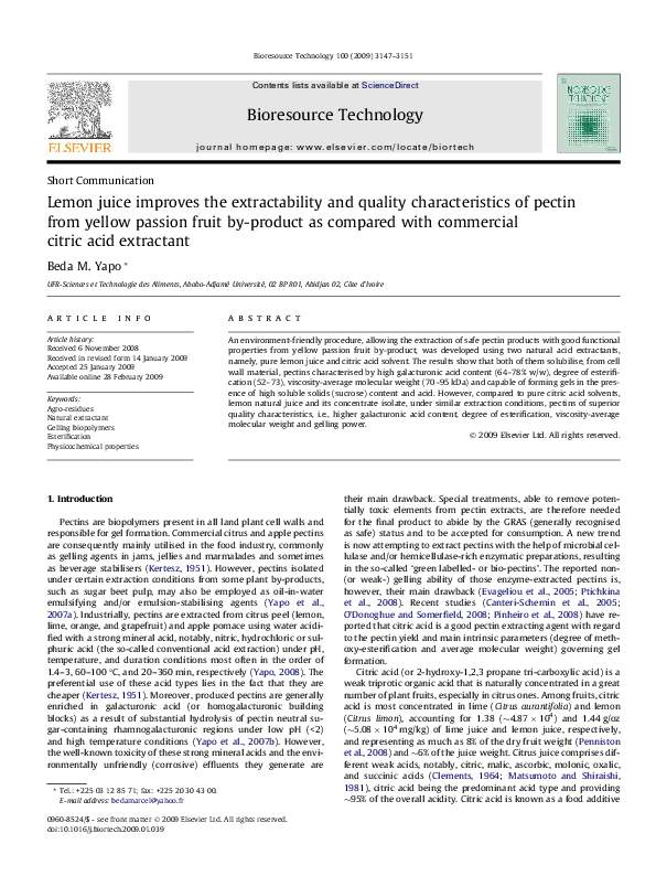 (PDF) Lemon juice improves the extractability and quality characteristics of pectin from yellow ...