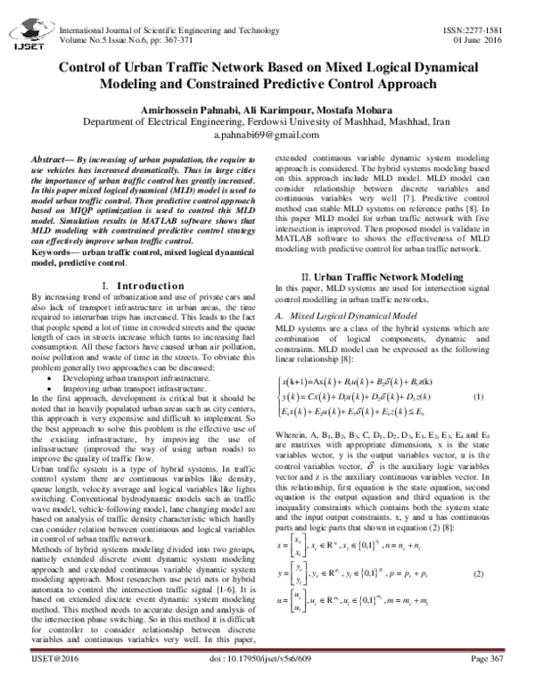 Pdf Control Of Urban Traffic Network Based On Mixed Logical Dynamical Modeling And Constrained