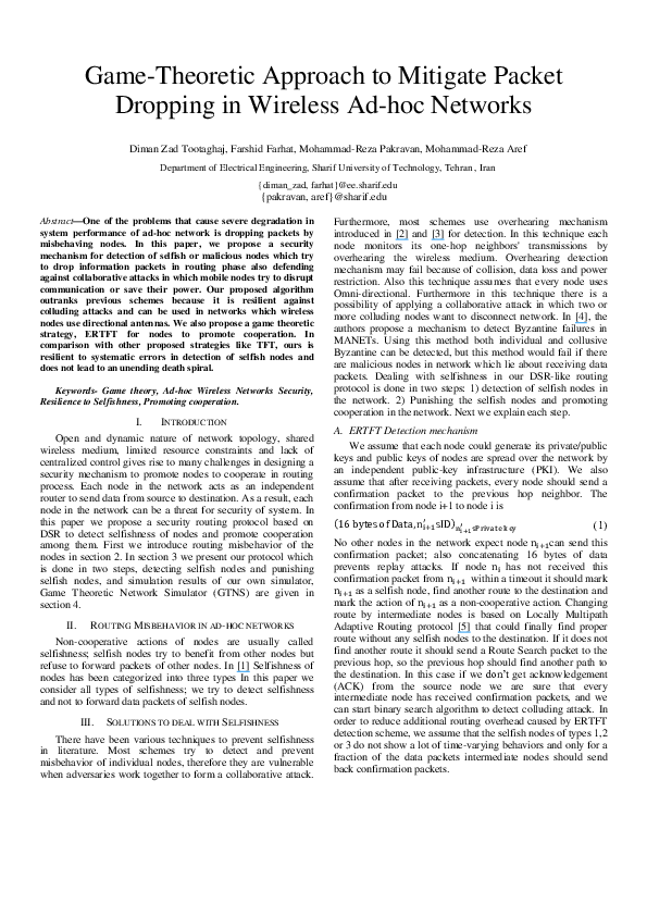 Pdf Game Theoretic Approach To Mitigate Packet Dropping In Wireless Ad Hoc Networks Diman
