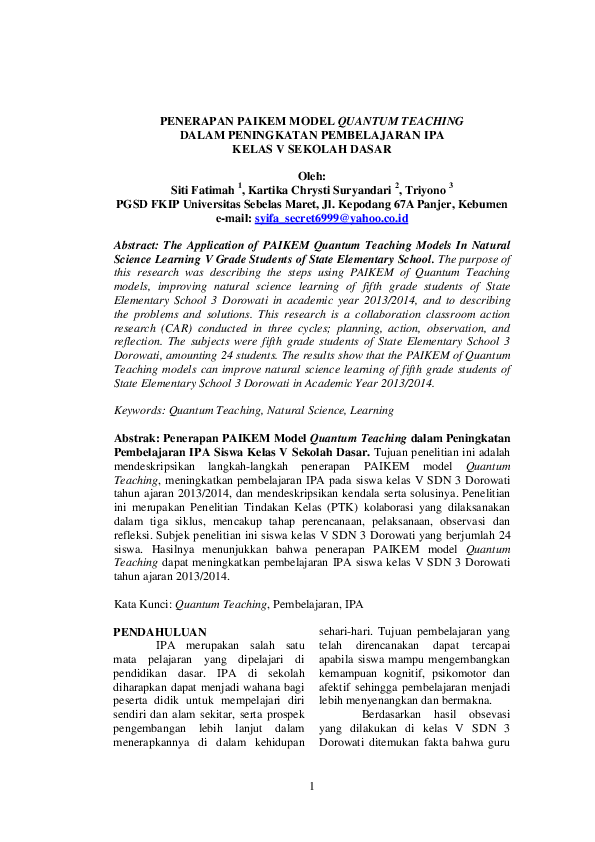 (PDF) Penerapan Paikem Model Quantum Teaching Dalam Peningkatan Pembelajaran Ipa Kelas V Sekolah ...