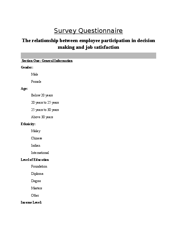 (DOC) Survey Questionnaire The relationship between employee ...