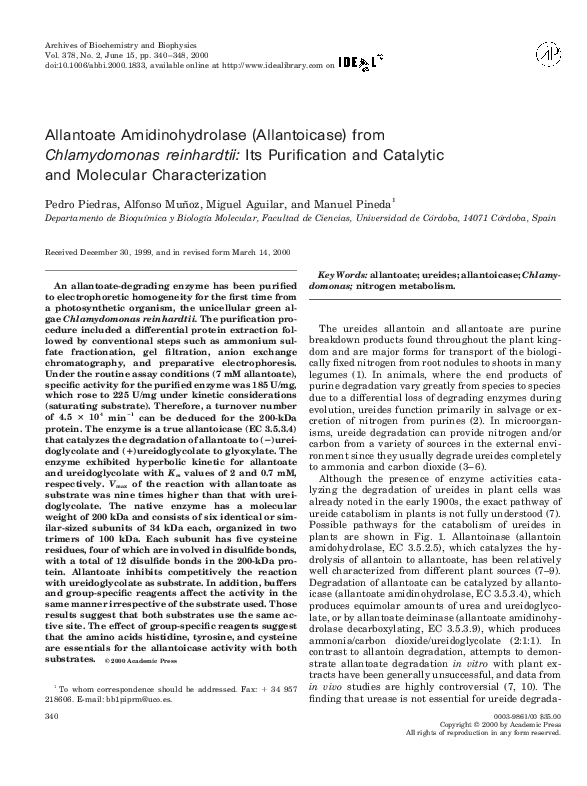 (PDF) Allantoate Amidinohydrolase (Allantoicase) from Chlamydomonas ...