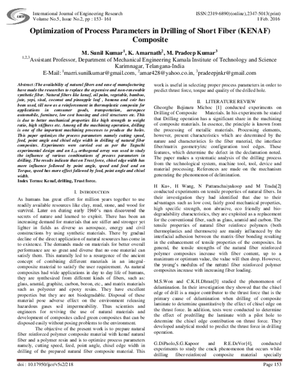 Pdf Optimization Of Process Parameters In Drilling Of Short Fiber Kenaf Composite
