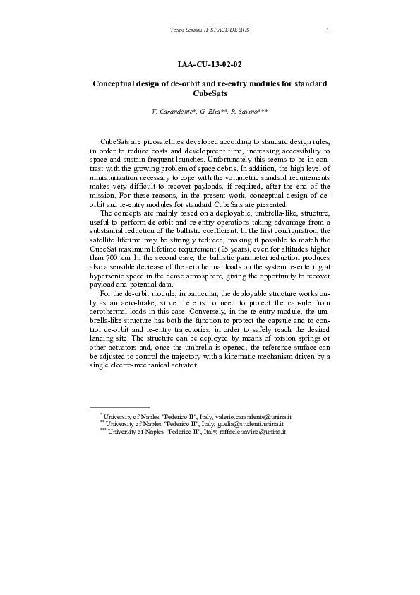 (PDF) Conceptual design of de-orbit and re-entry modules for standard ...