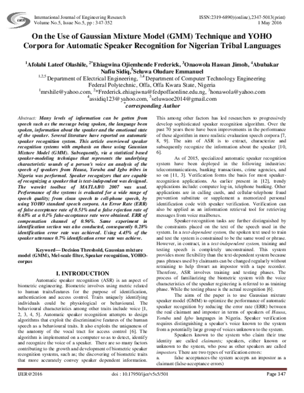Pdf On The Use Of Gaussian Mixture Model Gmm Technique And Yoho Corpora For Automatic