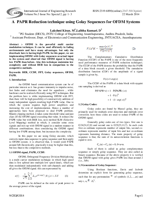 Pdf A Papr Reduction Technique Using Golay Sequences For Ofdm Systems