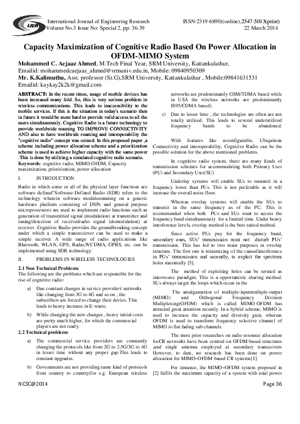 Pdf Capacity Maximization Of Cognitive Radio Based On Power