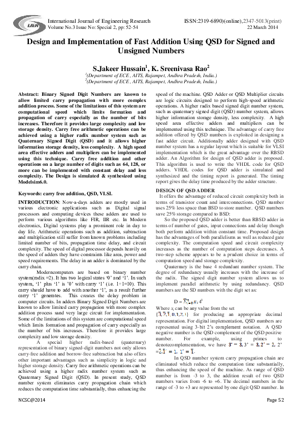 Pdf Design And Implementation Of Fast Addition Using Qsd For Signed And Unsigned Numbers