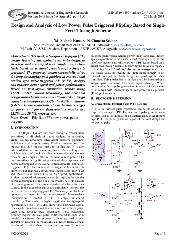 (PDF) Design and Analysis of Low Power Pulse Triggered Flipflop Based on Single Feed-Through Scheme