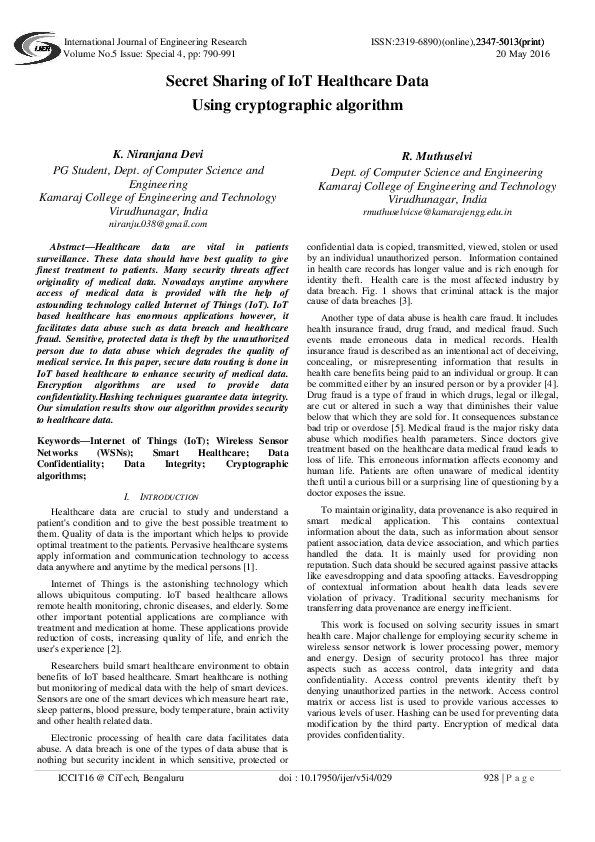 Pdf Secret Sharing Of Iot Healthcare Data Using Cryptographic Algorithm