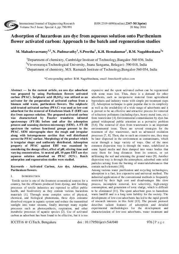 (PDF) Adsorption of hazardous azo dye from aqueous solution onto Parthenium flower activated ...