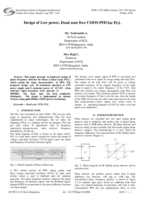 (PDF) Design of Low power, Dead zone free CMOS PFD for PLL