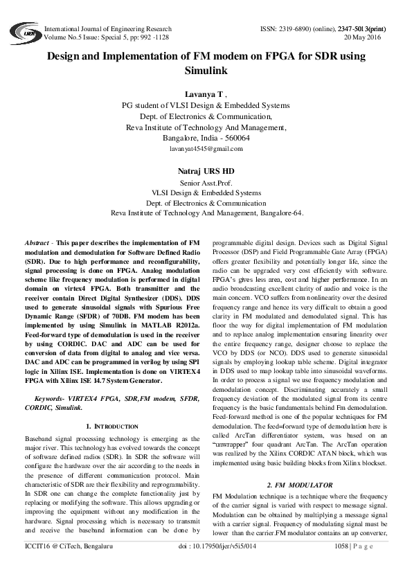(PDF) Design and Implementation of FM modem on FPGA for SDR using Simulink Natraj URS HD