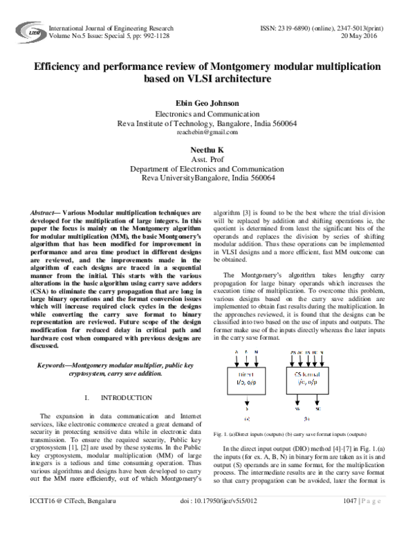 Pdf Efficiency And Performance Review Of Montgomery Modular Multiplication Based On Vlsi