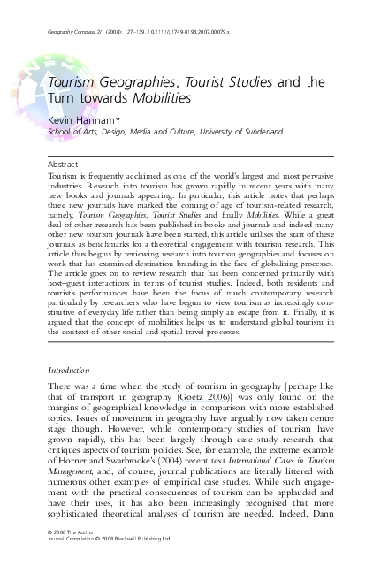 (PDF) Tourism Geographies, Tourist Studies and the Turn towards Mobilities