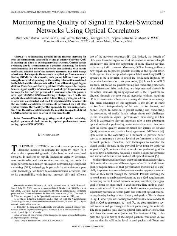 (PDF) Monitoring the Quality of Signal in Packet-Switched Networks Using Optical Correlators