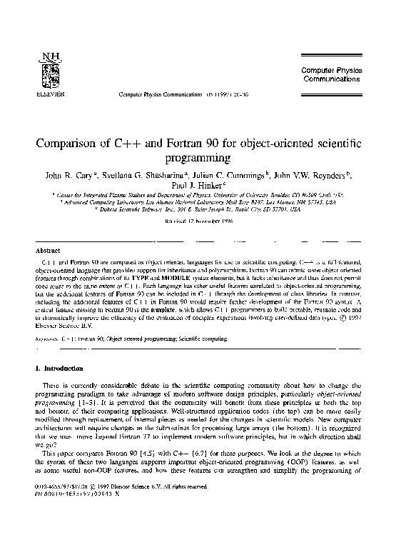 Pdf Comparison Of C And Fortran 90 For Object Oriented Scientific Programming Svetlana