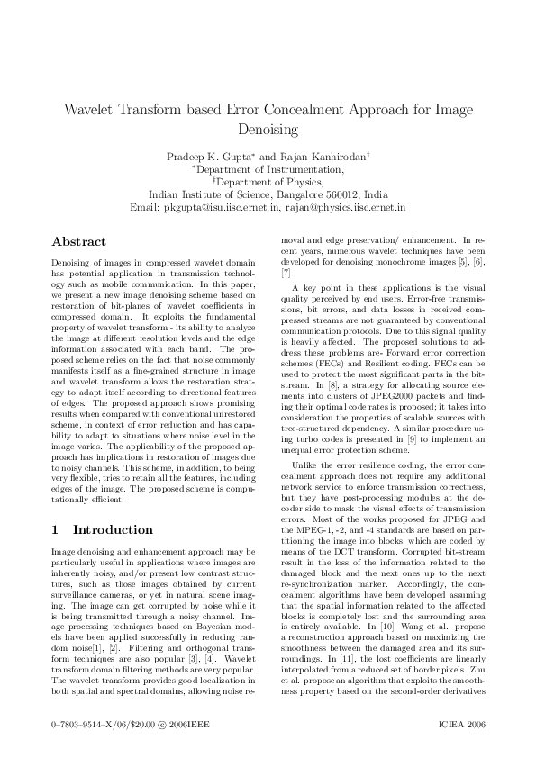 (PDF) Wavelet Transform based Error Concealment Approach for Image Denoising