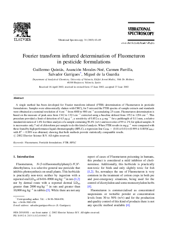 Pdf Fourier Transform Infrared Determination Of Fluometuron In Pesticide Formulations