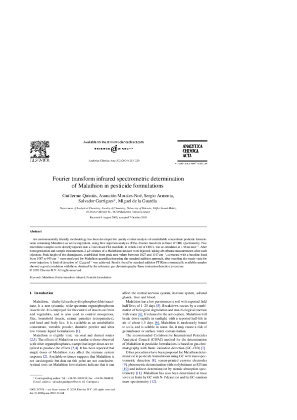 Pdf Fourier Transform Infrared Spectrometric Determination Of Malathion In Pesticide Formulations