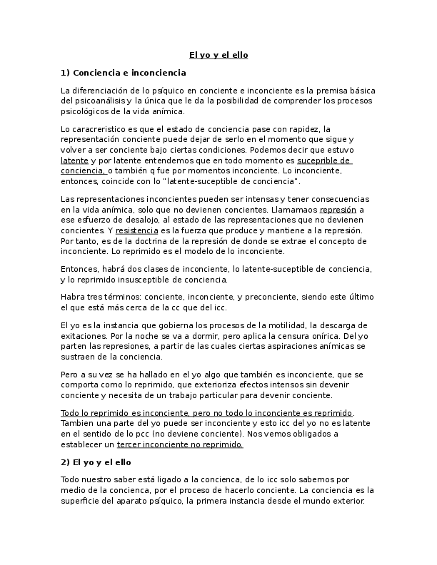 (DOC) El yo y el ello Freud. Resumen