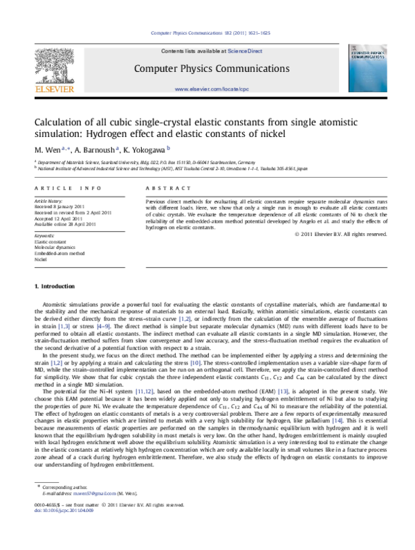 Pdf Calculation Of All Cubic Single Crystal Elastic Constants From Single Atomistic Simulation