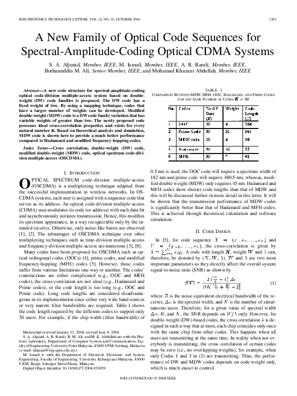 (PDF) A new family of optical code sequences for spectral-amplitude-coding optical CDMA systems