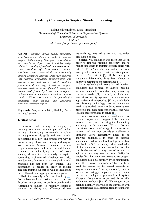 (PDF) Usability challenges in surgical simulator training