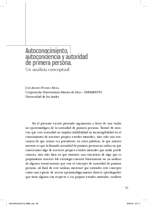 (PDF) Autoconocimiento, autoconciencia y autoridad de primera persona. Un análisis conceptual