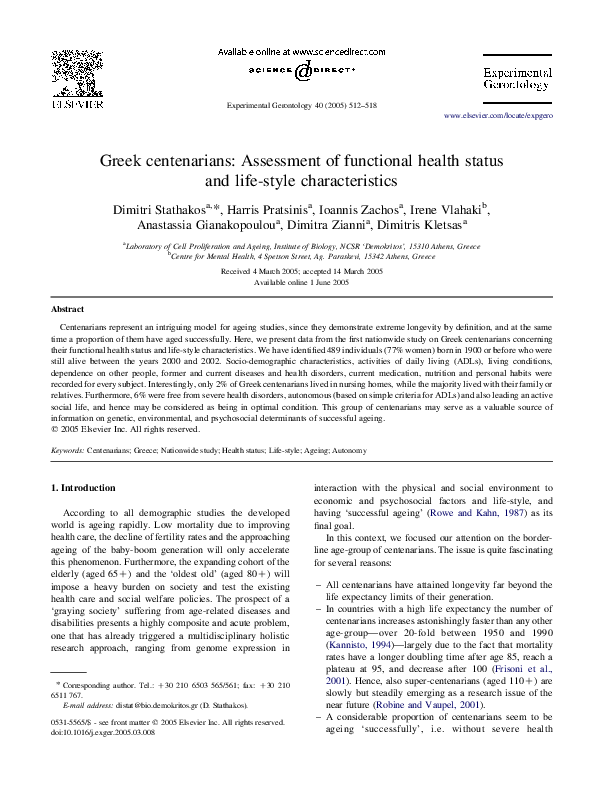 (PDF) Greek centenarians: Assessment of functional health status and ...