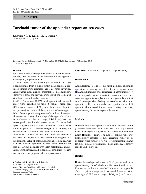 Pdf Carcinoid Tumor Of The Appendix Report On Ten Cases