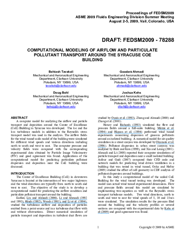 Pdf Computational Modeling Of Airflow And Particulate Pollutant Transport Around The Syracuse