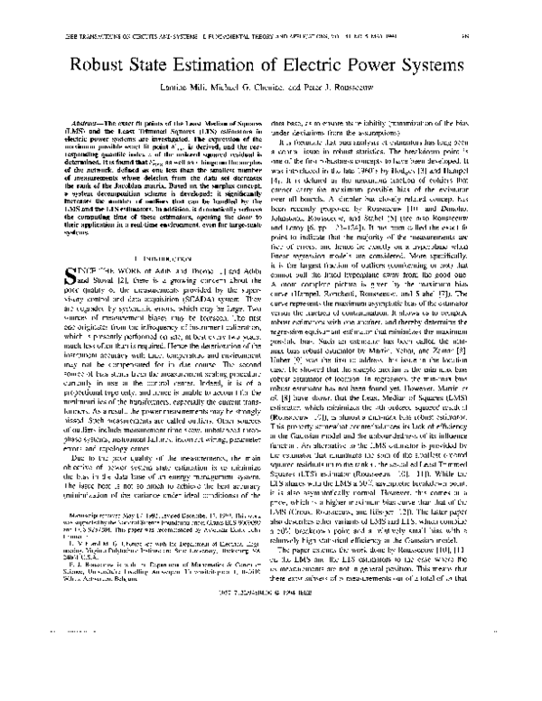 Pdf Robust State Estimation Of Electric Power Systems